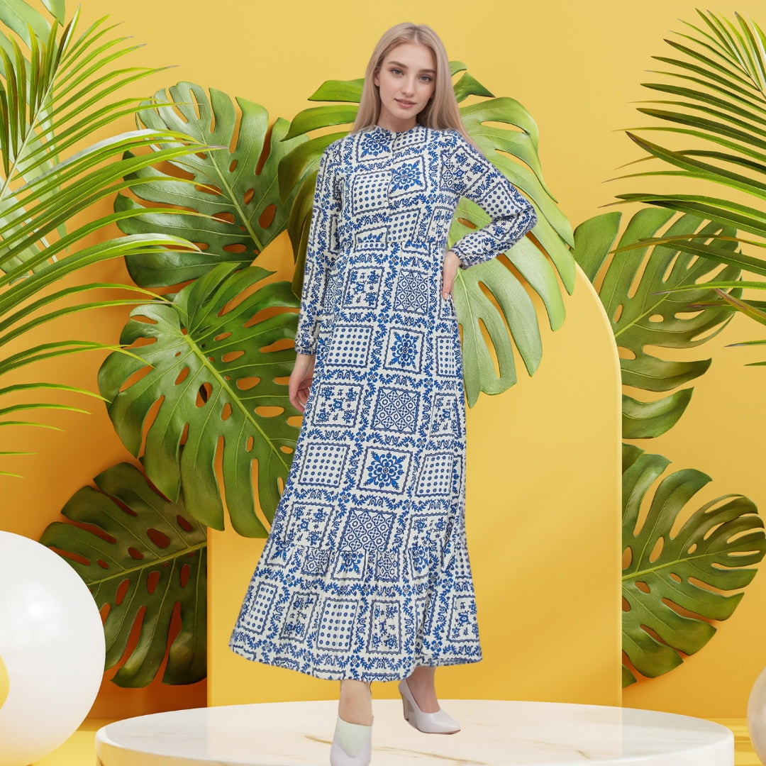 Blue & White Pattern Dress – OPARI