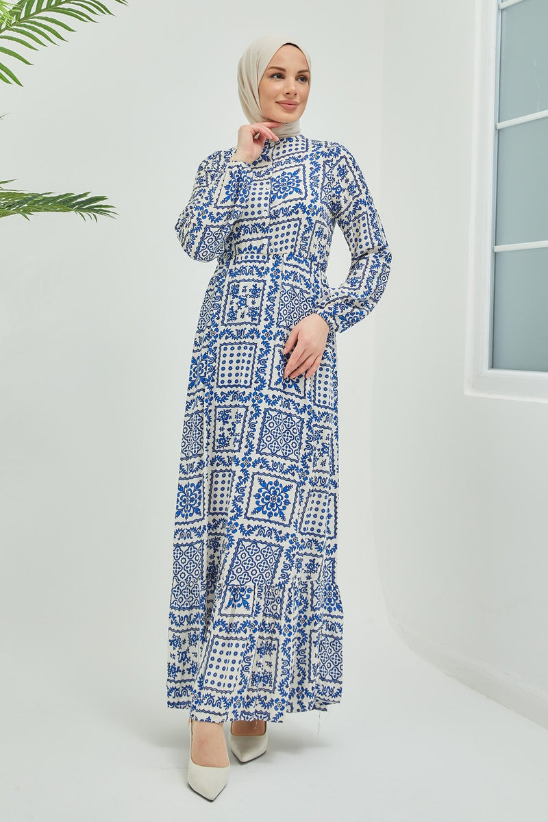 Blue & White Pattern Dress – OPARI